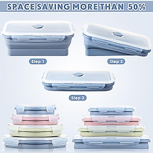 Nuanchu 8 Pcs Collapsible Food Storage Containers Silicone Airtight Collapsible Bowls with Lids Rectangular and Round Stackable Microwave Lunch Containers, Freezer, Dishwasher Safe (Blue, Pink, Green)