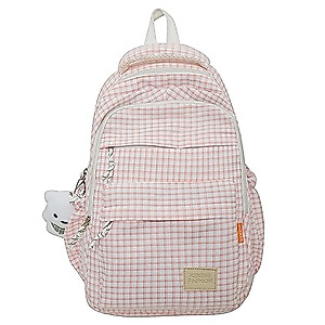 Qyrno Plaid Backpack Kawaii Backpack with Cute Accessories Cute Backpack Aesthetic Backpack DIY Backpack (1-Pink)