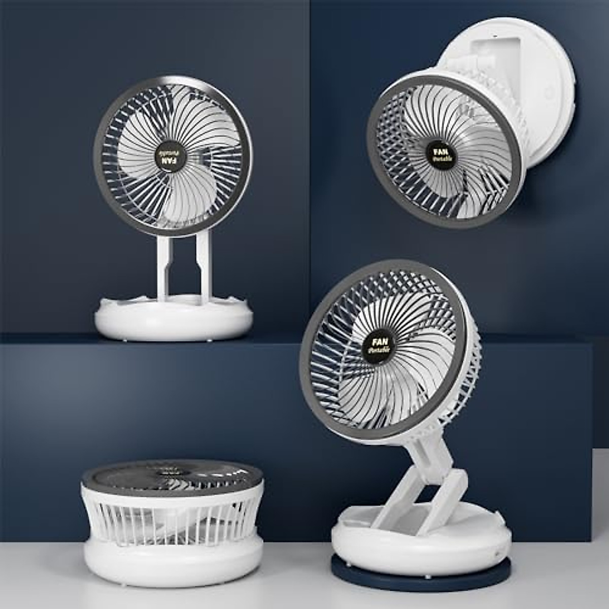 Mihoho Whole Room Air Circulator, 4 Speeds Fan with Light, Cordless Foldable Fan with Lamp for Home, Office, Desk, Outdoor, Ceiling & Wall Mount (Grey)