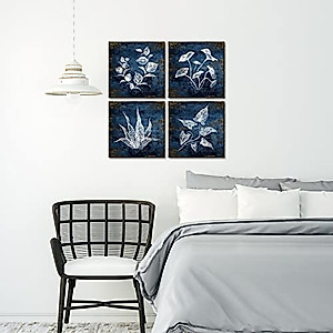 KLVOS Leaf Picture Wall Art Prints Navy Blue Tropical Plant Green Leaf Inspirational Canvas Prints Artwork Rustic Natural Leaves Framed Wall Decor for Bathroom Bedroom Living Room