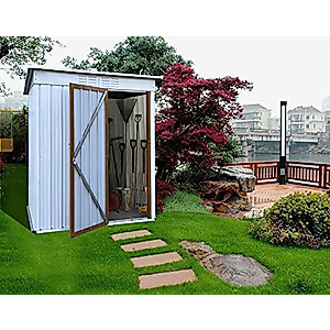 5x3 FT Metal Outdoor Storage Shed, Steel Utility Tool Shed Storage House with Door & Lock, Metal Sheds Outdoor Storage for Patio Garden Backyard Lawn, White & Brown