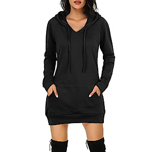 BEPEI Tunic Hoodies, Womens Long Sleeve Sweatshirt String With Pocket Fall Tops Fashion 2024 Trendy Hooded Shirts V Neck Sweaters for Leggings Dressy Casual Vacation Holiday Clothes Black XL