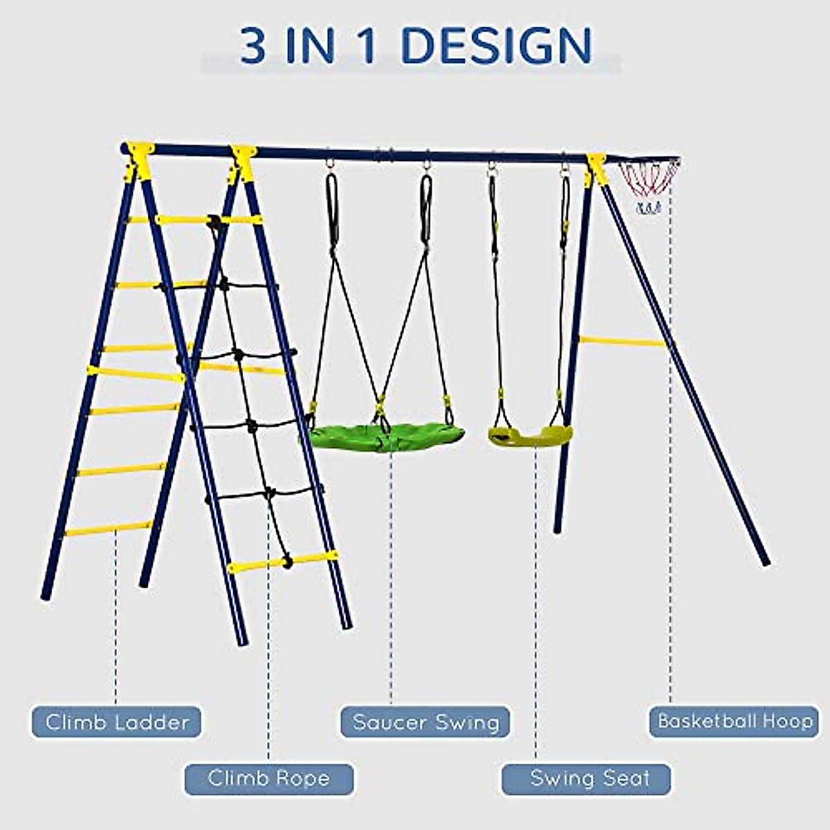 Outsunny Kids Metal Swing Set for Backyard, Outdoor Play Equipment, with Saucer Swing Adjustable Swing Seat, Basket Hoop, Climb Ladder, Net, A-Frame Metal Stand, for 3-10 Years Old, Green