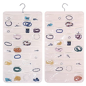2 Pack Hanging Jewelry Organizer with 80 Pockets Jewelry Storage for Earrings Necklace Bracelet Ring Accessory, Beige