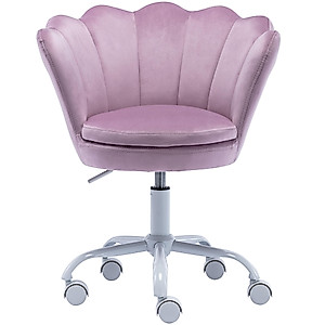 DM Kids Desk Chair Ergonomic Reading Study Computer Chair for Students Cute Modern Upholstered Velvet Swivel Rolling Arm Chair for Girls Bedroom, Seashell Back Adjustable Vanity Chair (Purple)