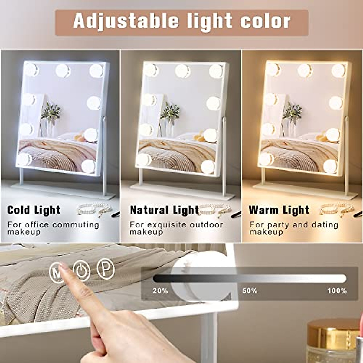 Leishe Vanity Mirror with Lights Hollywood Lighted Makeup Mirror with 9 Dimmable Bulbs & 3 Color Lighting Modes, Detachable 10X Magnification Mirror and 360 Degree Rotation(White)