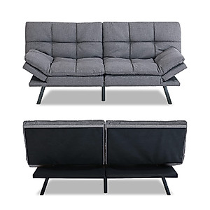 Opoiar Futon Sofa Bed Grey Fabric Memory Foam Leather Futon Split Seat,Modern Sleeper Sofa Love Seat，Folding Modern Sleeper Sofa for Small Space/Drom/Office/Apartment