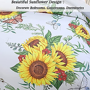 ZRNBAST 3 Pcs Sunflower Comforter Set Queen Size Butterfly Sunflower Floral on White Background, Comforter Bedding Sets Queen Size All Season Bed in A Bag with 1 Comforter 2 Pillowcases