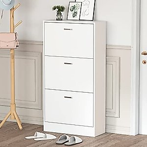 AGOTENI Shoe Cabinet with 3 Flip Drawers, Shoe Storage Organizer with 2-Tier Shelf, Freestanding Shoe Rack for Entryway Hallway, Living Room, White