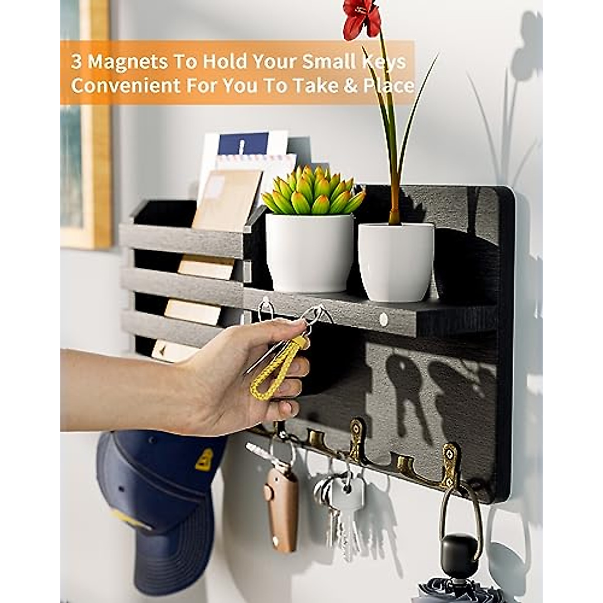 SWTYMIKI Mail Holder for Wall with Magnet Hanging, Rustic Wooden Key Holder with Key Hooks Wall Mounted Key Hanger Organizer for Entryway, Mudroom, Hallway, Living Room and Office, Black