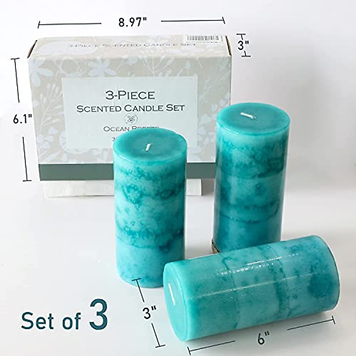 FLAVCHARM Pillar Candles Scented, Ocean Breeze Scented Candles, 3 Pack Teal Candles 3x6 inch Long-Lasting Clean Burning Candles, Turquoise Candles for Home Décor, Bathroom, Wedding Decorations