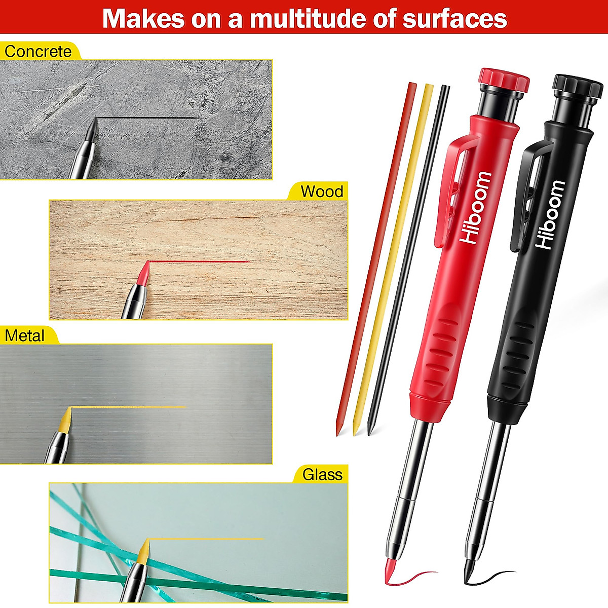 Hiboom 2 Pack Solid Carpenter Pencil with 14 Refill, Long Nosed Deep Hole Mechanical Pencil Marker with Built-in Sharpener for Carpenter Woodworking Architect Fathers Day Gift (Black, Red)