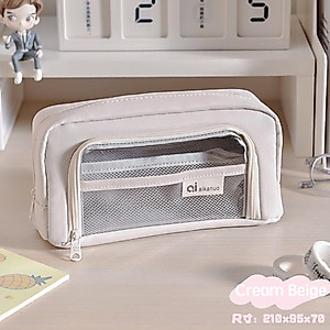 JHTPSLR Preppy Pencil Pouch Clear Canvas Pencil Pouch Big Capacity Pencil Case Double Compartments Zipper Pen Bag Stationery Bag Storage Organizer (Beige)