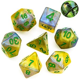 Cusdie 7-Die Resin DND Dice, Polyhedral Dice Set, for Role Playing Game Dungeons and Dragons D&D Dice MTG Pathfinder (Yellow/Blue Green Numbers)