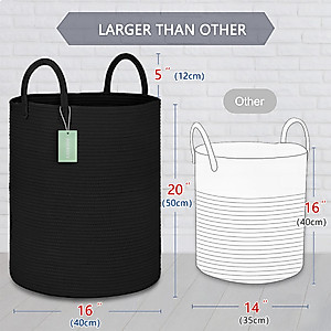 BOSROTY Large Cotton Rope Laundry Basket Hamper for Clothes 65L, Woven Storage Basket for Living Room Bedroom, Tall Rope Baskets, Blanket Basket, Baby Nursery Hamper Bin, 16”x 20”, Black