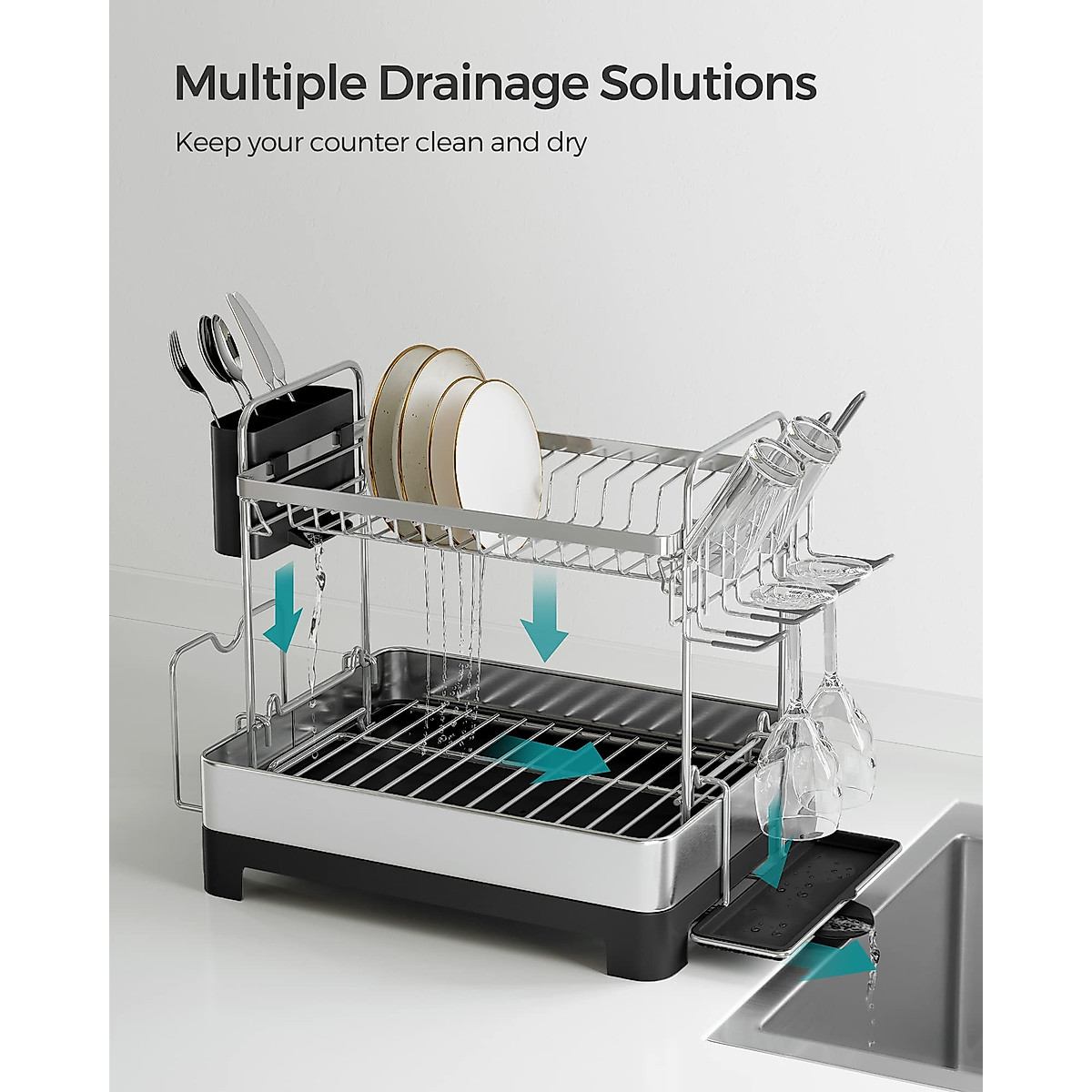 SONGMICS Dish Drying Rack - 2 Tier Dish Rack for Kitchen Counter with Rotatable and Extendable Drain Spout, Dish Drainer with Utensil, Cup, Glass, Cutting Board Holders, Black UKCS032B01