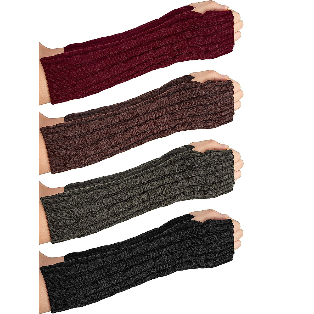 4 Pairs Knitted Arm Warmers Gloves Winter Long Fingerless Gloves Thumb Hole Gloves Mittens for Women and Men (Black, Dark Gray, Wine Red, Coffee)