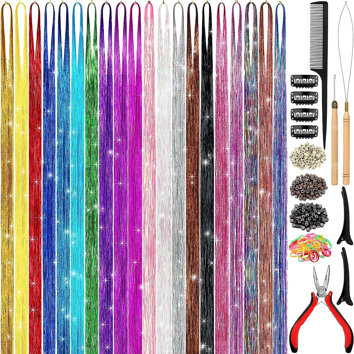 GrennMauler Hair Tinsel Kit (48 Inch, 20 Colors, 4800 strands), Tinsel Hair Extensions with Tools， Heat Resistant Fairy Hair Tinsel Kit for Women Hair Accessories