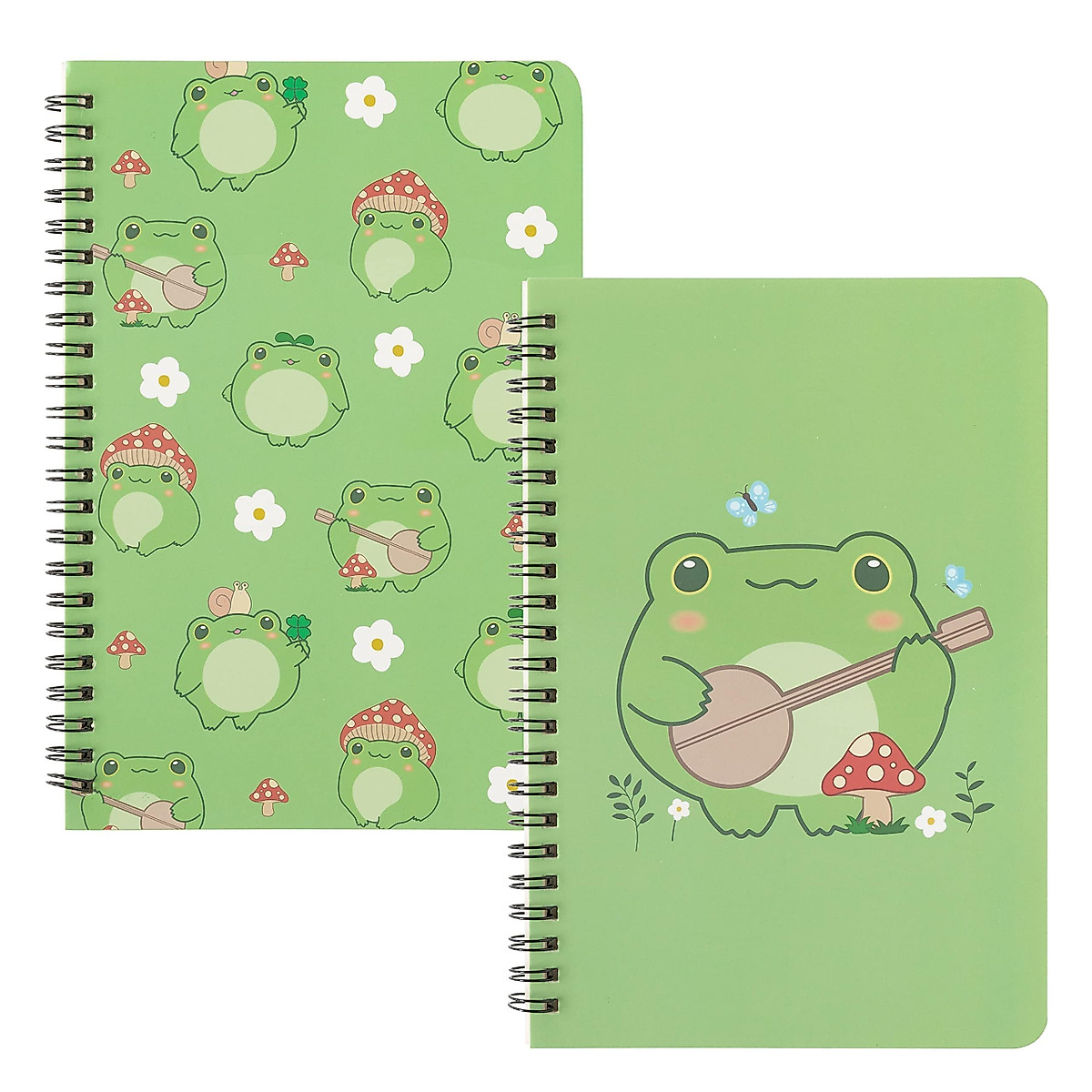 L1rabe 2 A5 Frog Spiral Notebooks Spring Back to School Cute Frog Playing Banjo Mushroom College Ruled Hardbound Notebooks, Travel Journal Diary Notepad for Kids Teens Students Easter Birthday Gifts