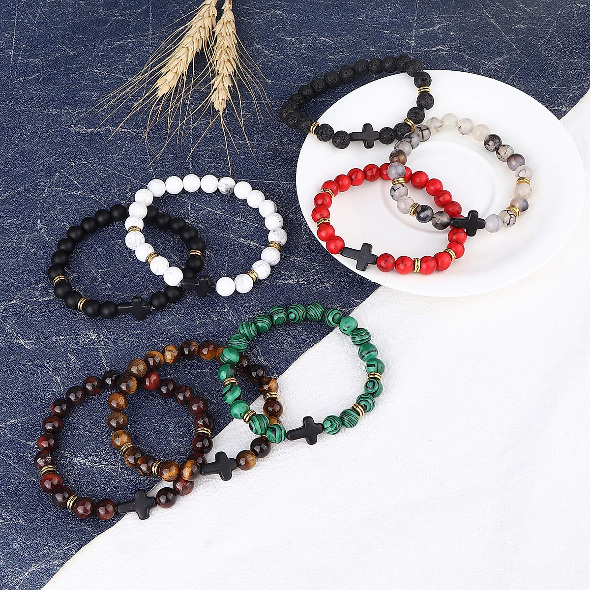 YADOCA 8 Pcs 8MM Beads Bracelet for Men Women Lava Rock Tiger Eye Stone Howlite Natural Stone Stretch Elastic Cross Bracelet Set