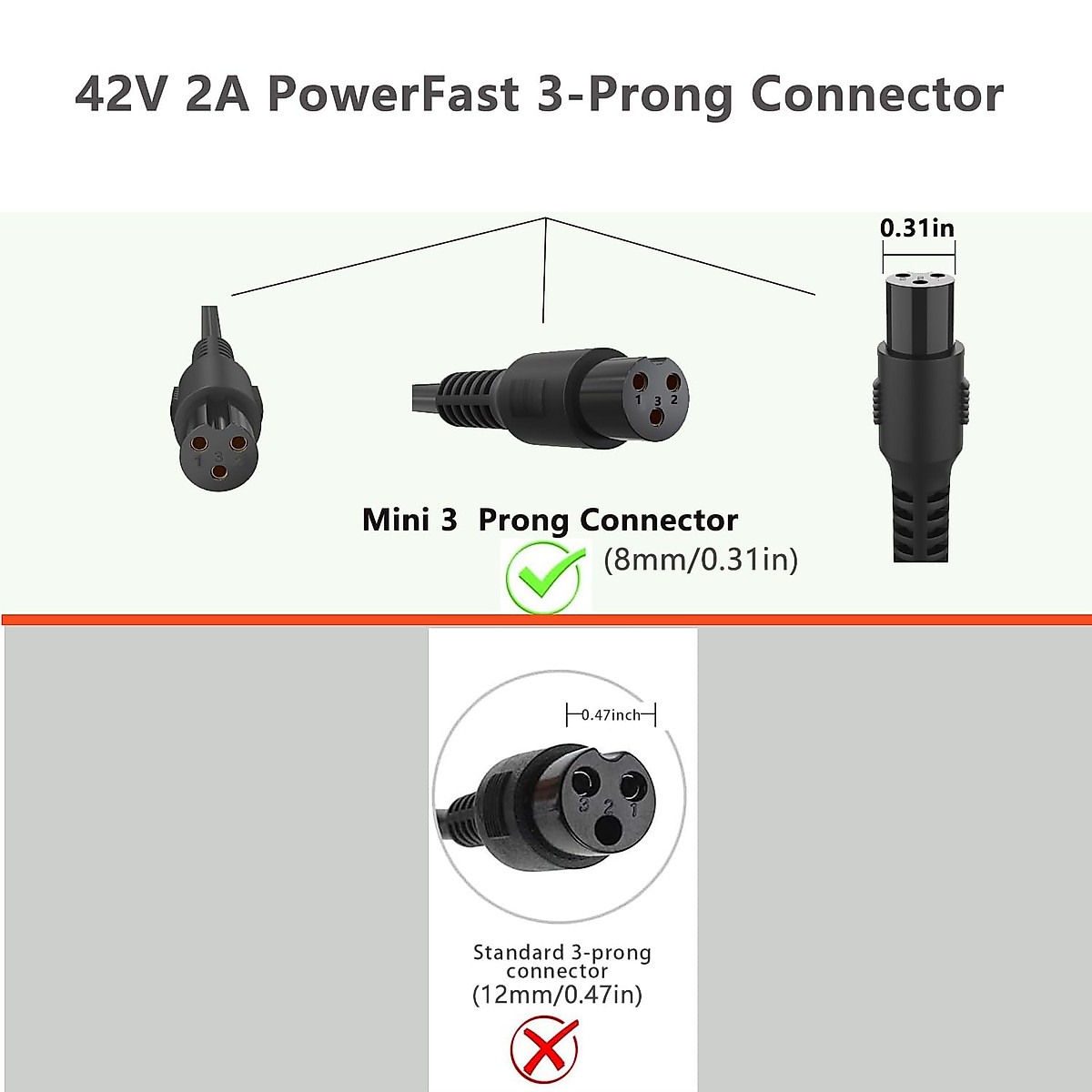 Jucuwe 42V 2A Power Adapter Powerfast 3-Prong Connector for 36V Sports Mod,and Pocket Mod 10S Lithium Battery,Charger Replacement for Electric Scooter