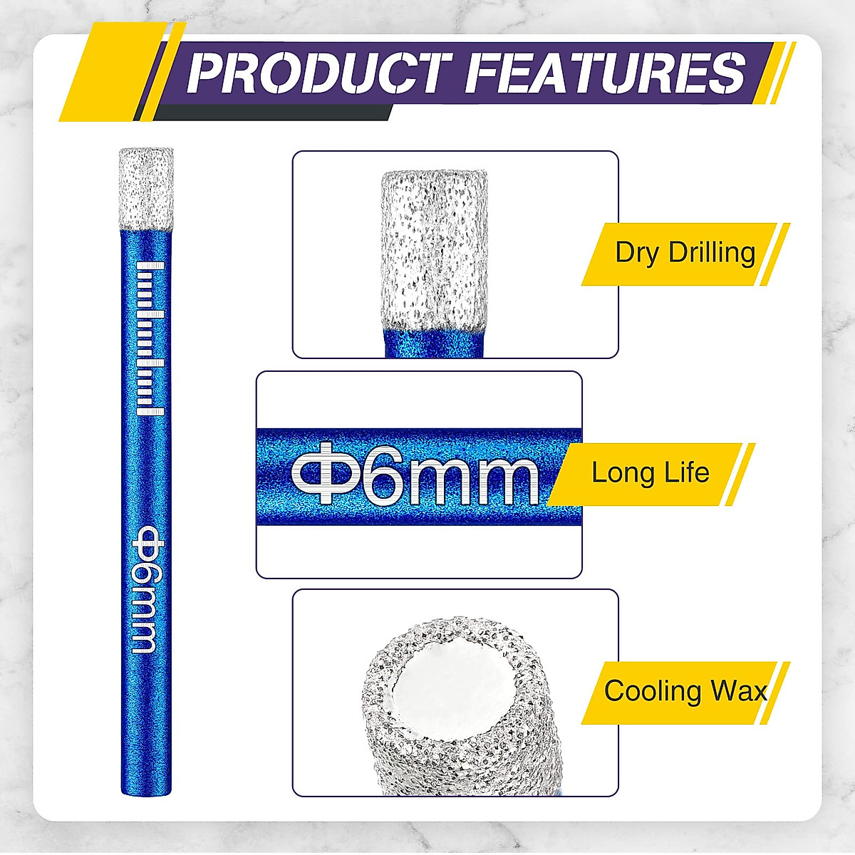 5 Pcs Dry Diamond Drill Bits Set, Glass Ceramic Marble Tile Drill Bits, Not for Wood, 1/4, 5/16, 3/8, 1/2 Inch Round Shank