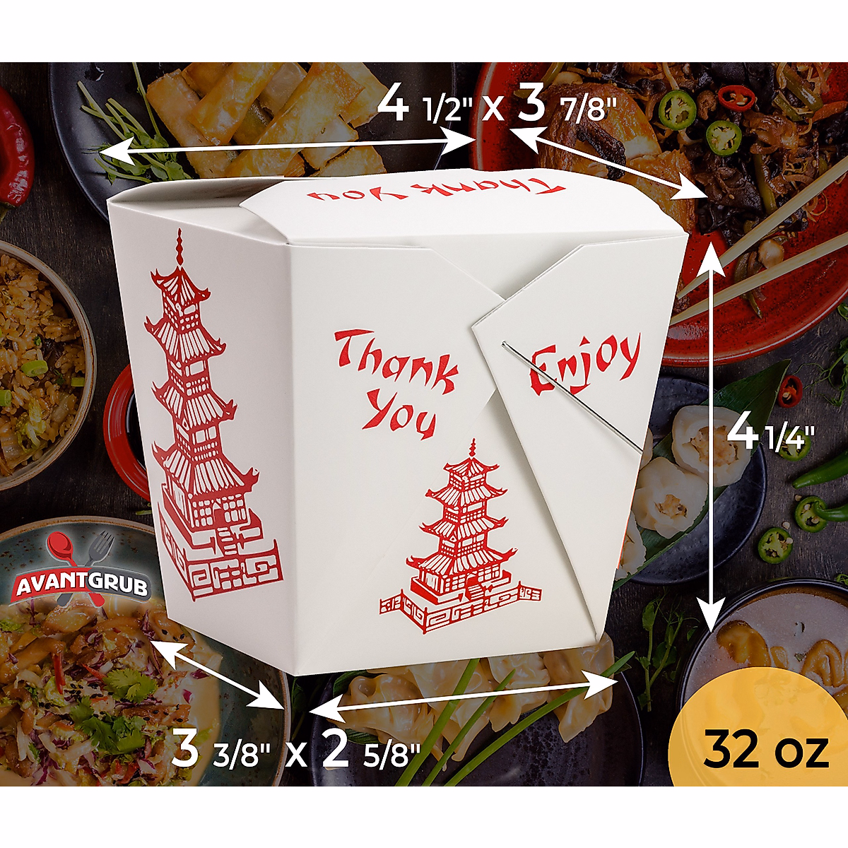 Avant Grub Food Storage Container, Greaseproof Chinese Take Out Box With Chopsticks. 25pk Large Food Containers With 50pk Sleeved and Separated Bamboo Chop Sticks, 32 Oz