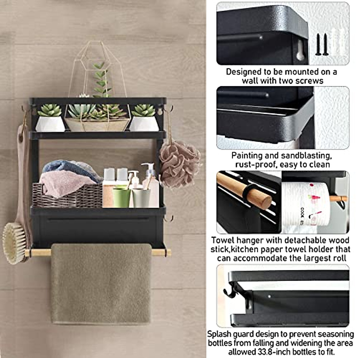 VIAV Magnetic Spice Rack with Paper Towel Holder for Refrigerator with 2-Tier Shelf Spice Rack Strong Magnetic Backing with 3 Hooks for Kitchen Storage,Refrigerator,Freezer,Grill Silver