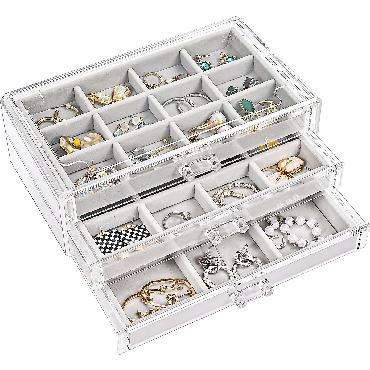 ProCase Earring Holder Organizer Jewelry Box with 3 Drawers, Acrylic Clear Earring Case with Adjustable Velvet Trays for Women - Grey, 3 Layers