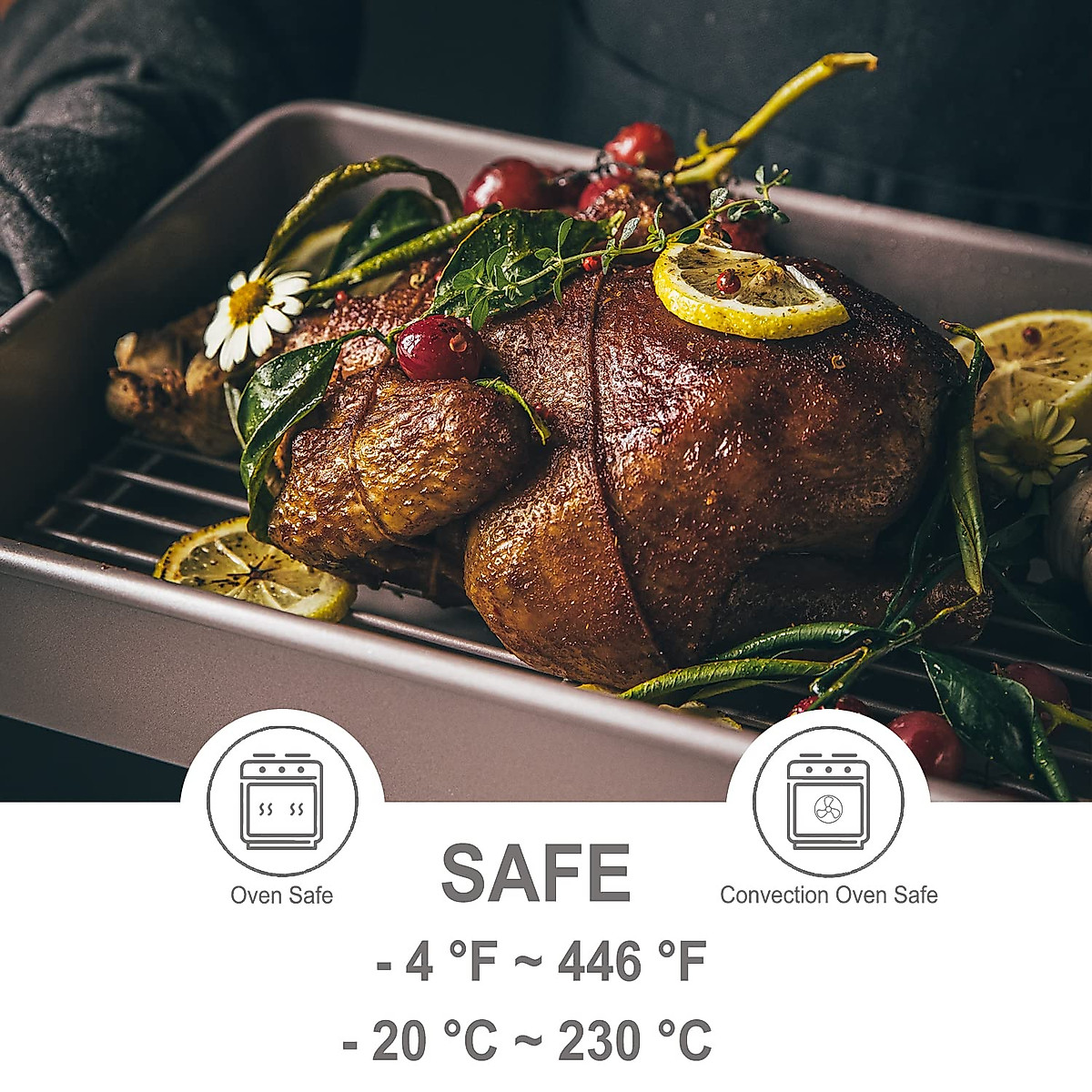 CHEFMADE Roasting Pan with Rack, 13-Inch Non-Stick Rectangular Deep Dish Oven-BBQ Bakeware for Oven Baking 9" x 13" x 2.4" (Champagne Gold)