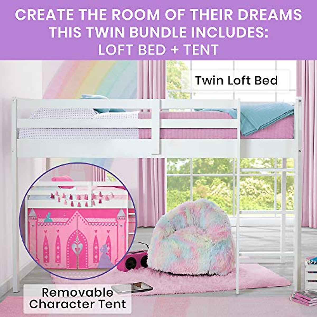 Delta Children Twin Loft Bed with Guardrail and Ladder + Tent (Bundle), White/Disney Princess