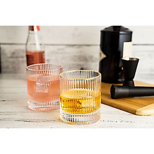 LEMONSODA Premium Vintage Straight Line Double Rocks Glasses and Tumblers - Quality Glass Great for Gifts, Men, Dad, Husband, Women, Whiskey Lovers (10 oz Tumblers - Set of 4)