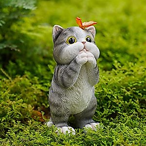 Pohabery Garden Outdoor Decor Cat Statue with Solar Butterfly Light Cat Garden Decor Solar Cat Yard Decor for Patio, Balcony, Yard, Lawn Ornament