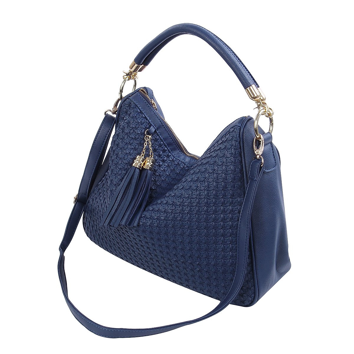 Premium PU Leather Double Tassel Interlace Braided Satchel Shoulder Bag Handbag, Blue