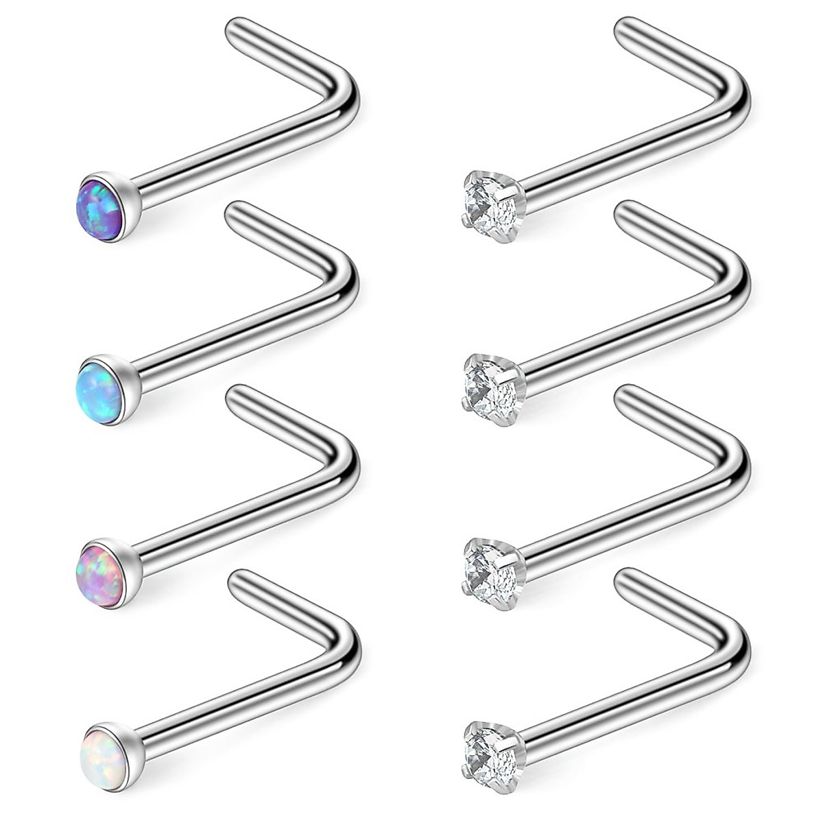 Ruifan 22G 316L Surgical Steel 1.5mm Mix Color Jeweled Opal & Clear CZ Nose L-Shaped Rings Studs Ring Body Piercing Jewelry 8PCS