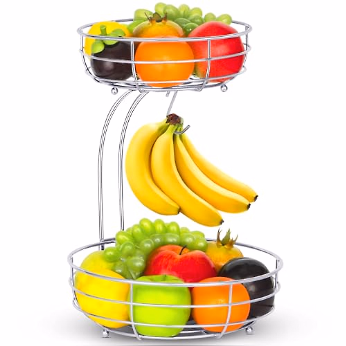 Bextsrack 2-Tier Countertop Fruit Basket Bowl with Banana Hanger, Metal Wire Fruits Stand Holder Storage Organizer for Kitchen, Silver