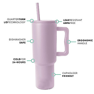 Buho Outdoor Tumbler, 40 oz, Double-Wall Insulated, Ergonomic Handle with Lid Straw (Light Purple)