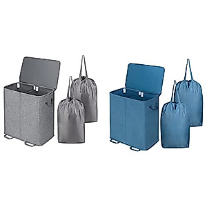 Lifewit Double Laundry Hamper with Lid and Removable Laundry Bags, Large Collapsible 2 Dividers Dirty Clothes Basket with Handles for Bedroom, Laundry Room, Closet, Bathroom, College, Grey and Blue