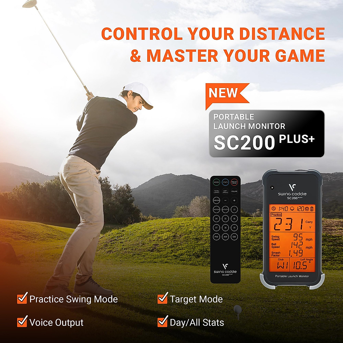 Voice Caddie SC200Plus Portable Golf Launch Monitor and Swing Analyzer with Real-Time Shot Data Tracking - 12-Hour Battery Life