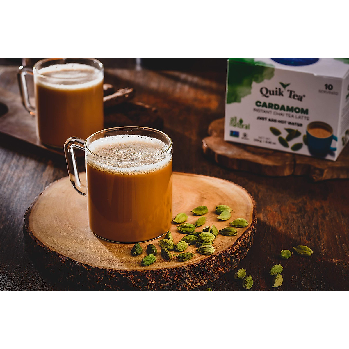 QuikTea Cardamom Instant Chai Tea Latte - 20 Count Single Box - Single Serve Pouches - All Natural & Preservative Free