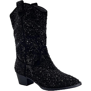 Forever Girls/Kids Rhinestone Western Cowgirl Cowboy Pointed Toe Low Heel Boots River-11K Black 2