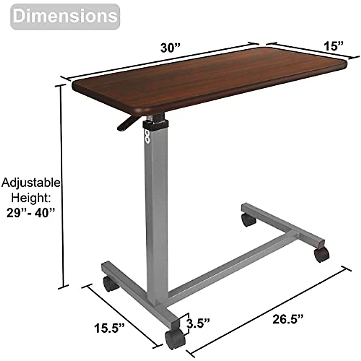 Vaunn Adjustable Overbed Bedside Table With Wheels (Hospital and Home Use), Walnut Brown