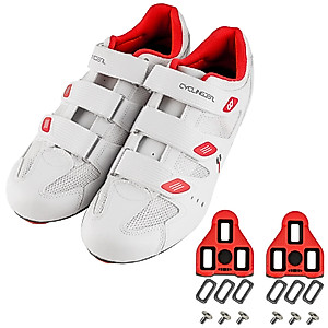 CyclingDeal Bicycle Road Bike Universal Cleat Mount Men's Cycling Shoes White with 9-Degree Floating Look ARC Delta Compatible Cleats Compatible with Peloton Indoor Bikes Pedals Size 49