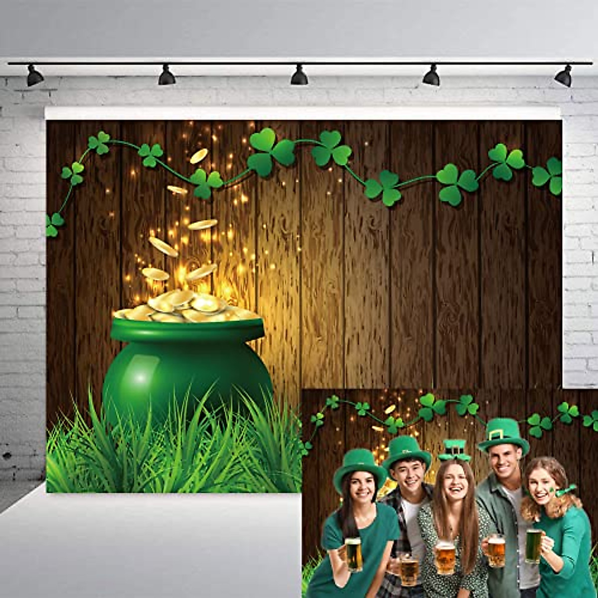St.Patrick's Day Photography Background Lucky Irish Shamrock Festival Party Banner Wooden Texture Backdrop (7x5FT)
