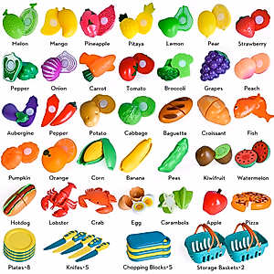 100 PCS Cutting Play Food Toy for Kids Kitchen, Pretend Food Toys for Toddlers, Play Kitchen Toys Accessories with 2 Baskets, Fake Food/Fruit/Vegetable, Birthday Gifts for 3 4 5 Years old Boys Girls