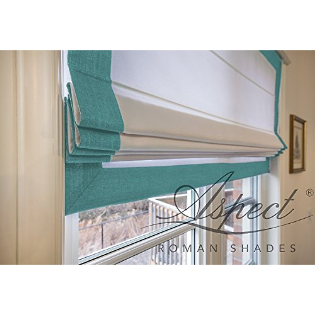 LOGANOVA Flat Roman Shade Chevalle Seafoam. White background with blue green border on four sides and chain mechanism. Custom made.