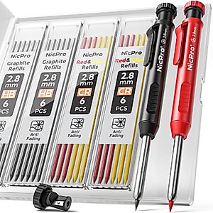Nicpro Carpenter Pencil with Sharpener, Mechanical Pencils Set with 26 Refills, Deep Hole Marker for Construction, Heavy Duty Woodworking Pencils for Architect (Black, Red) - With Case