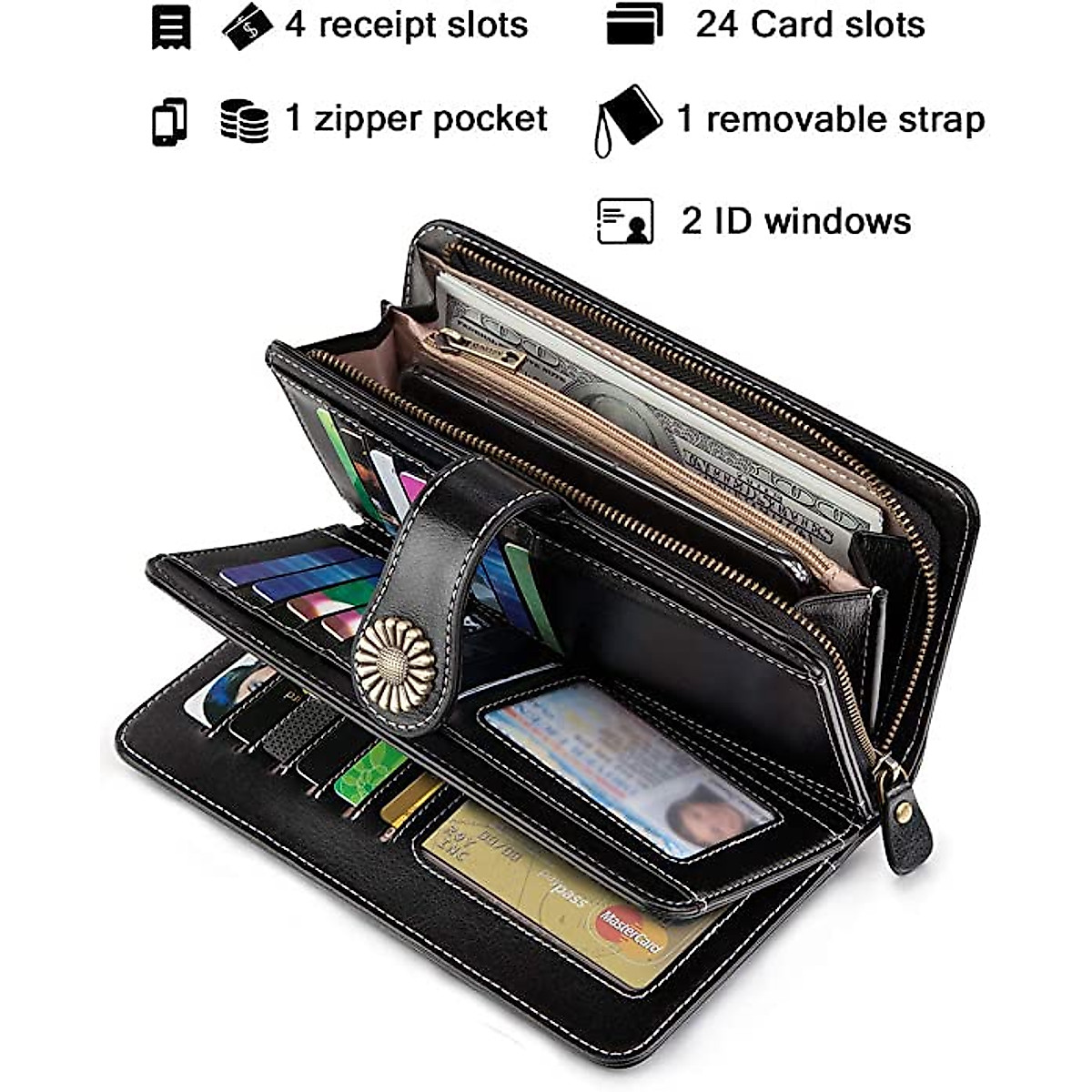 UMODE Large Capacity RFID Blocking Genuine Leather Wallets for Women with Wristlet Trifold Ladies Billfold with Zipper
