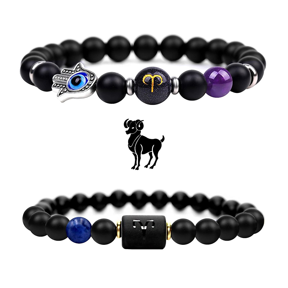 Yomlry 2Pcs Zodiac Bracelet 8MM Beaded Evil Eye Bracelet Spiritual Healing Crystal Bracelet for Women Men 12 Constellation Bracelet Zodiac Sign Horoscope Gift Hamsa Protection Couple Bracelet Set,