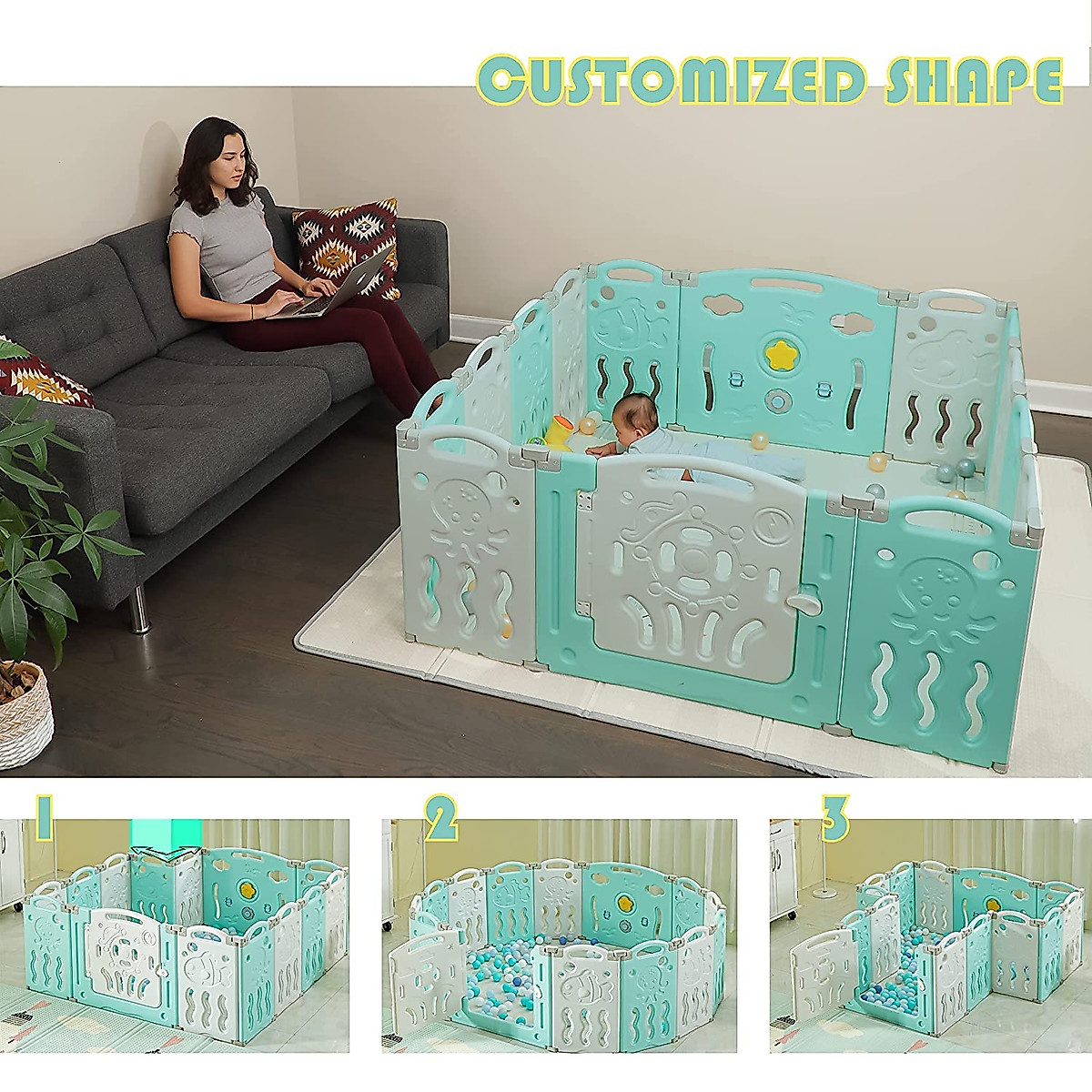 Albott Foldable Baby Playpen Kids Play Yard 2-Panel Extension (White+ Blue)